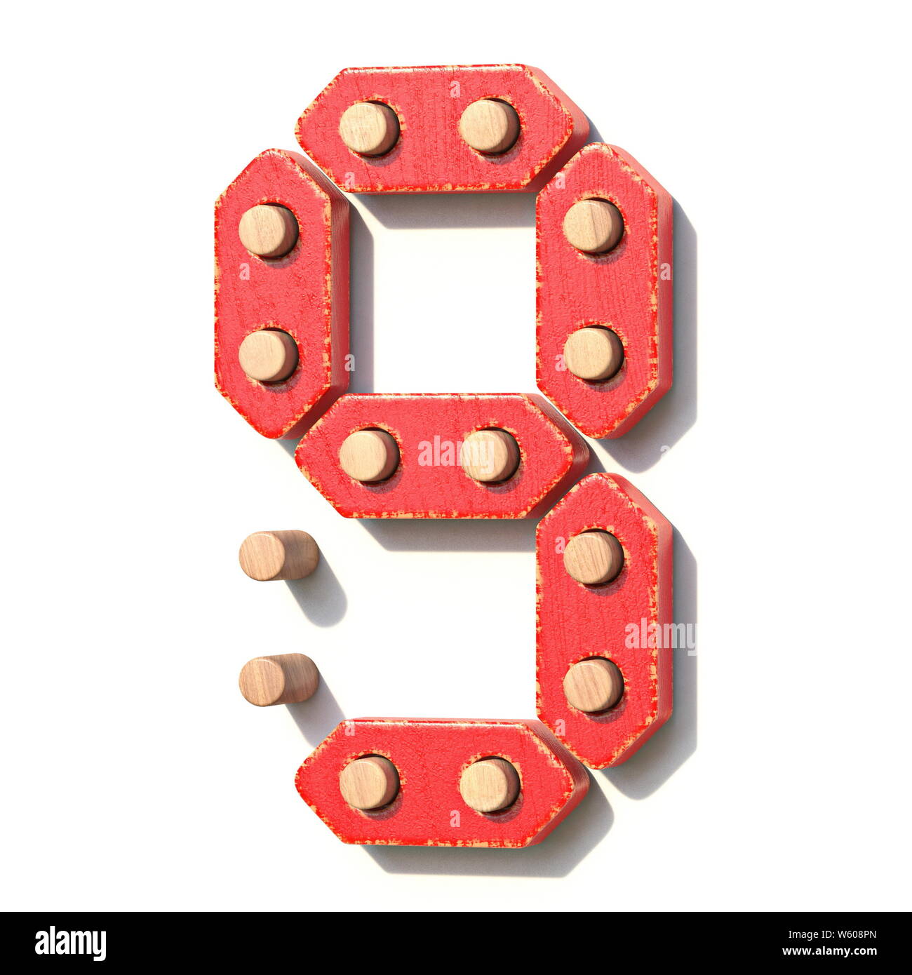 Wooden toy red digital number 9 NINE 3D render illustration isolated on ...