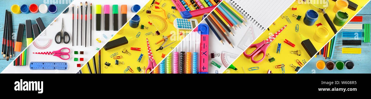 Wide collage stationery / school supplies separated inclined lines ...
