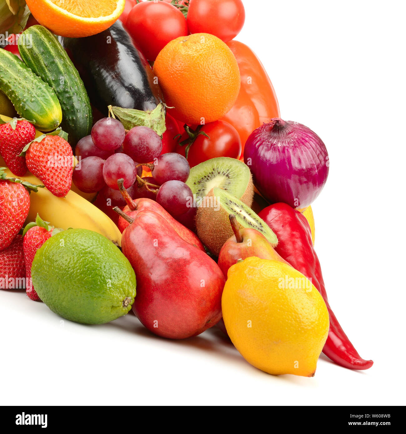 Variety of healthy fresh fruits and vegetables isolated on white ...