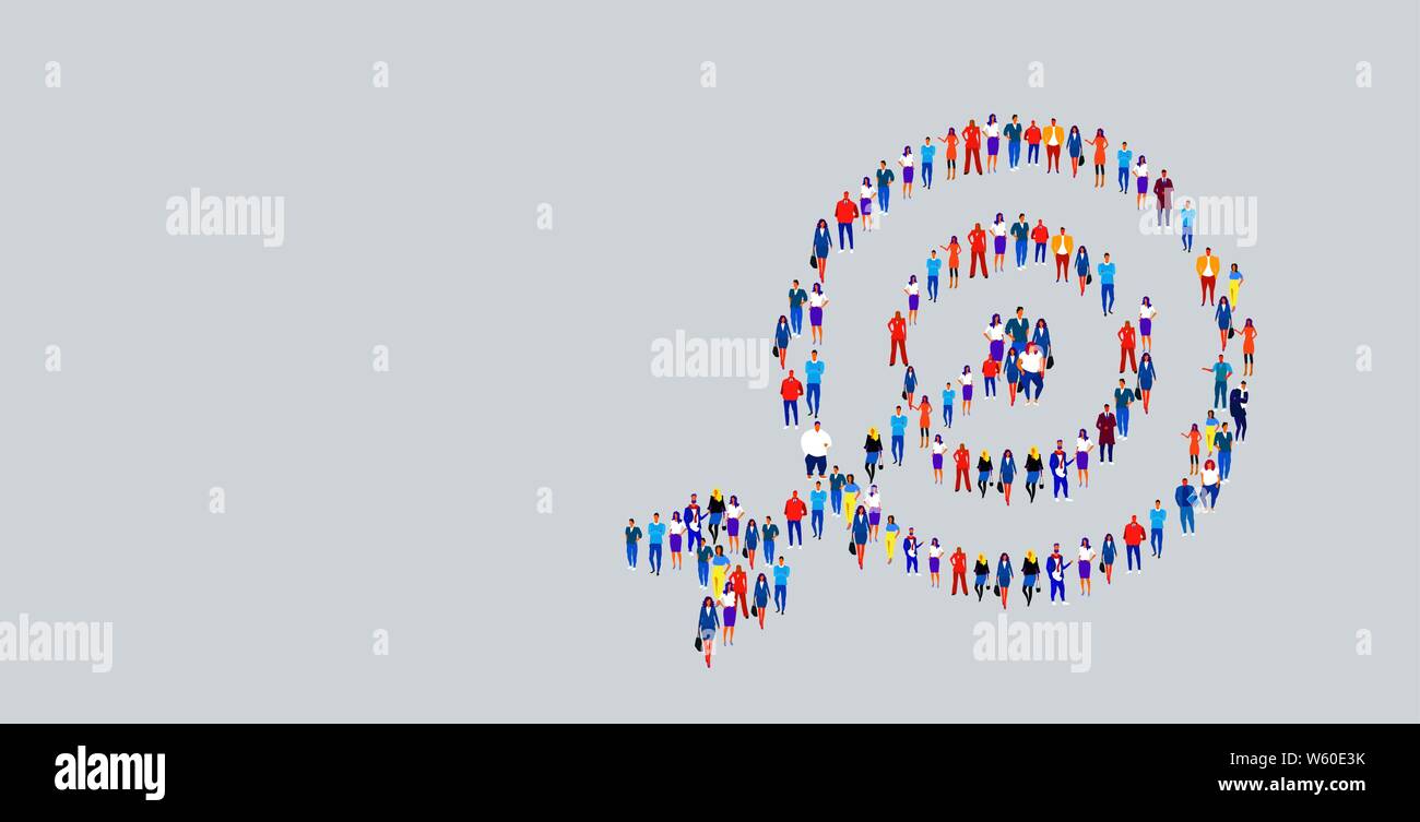 businesspeople crowd gathering in shape of target with arrow symbol ...