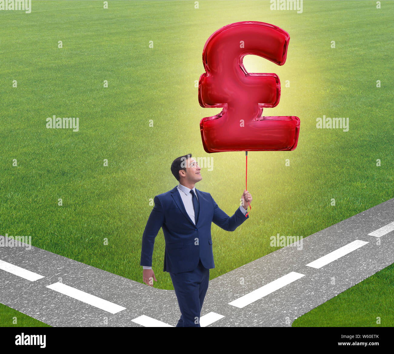 The businessman walking with inflatable british pound sign Stock Photo ...