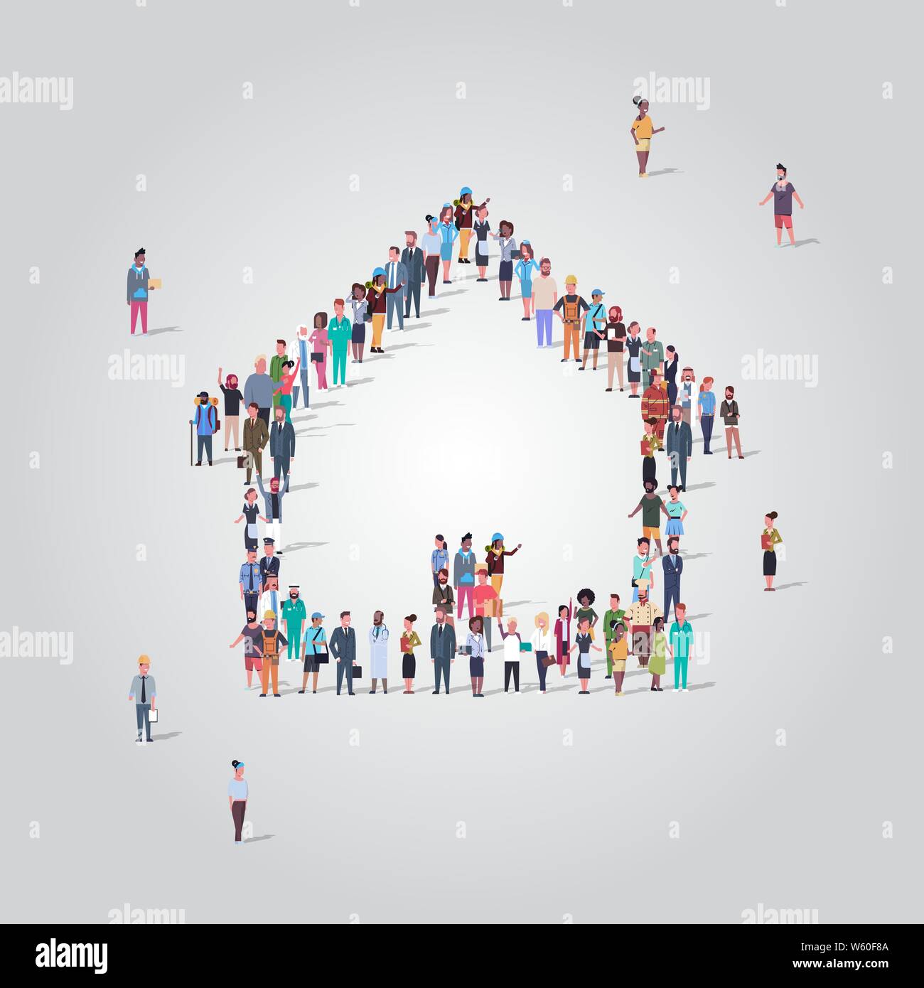 people crowd gathering in home icon shape social media community house ...