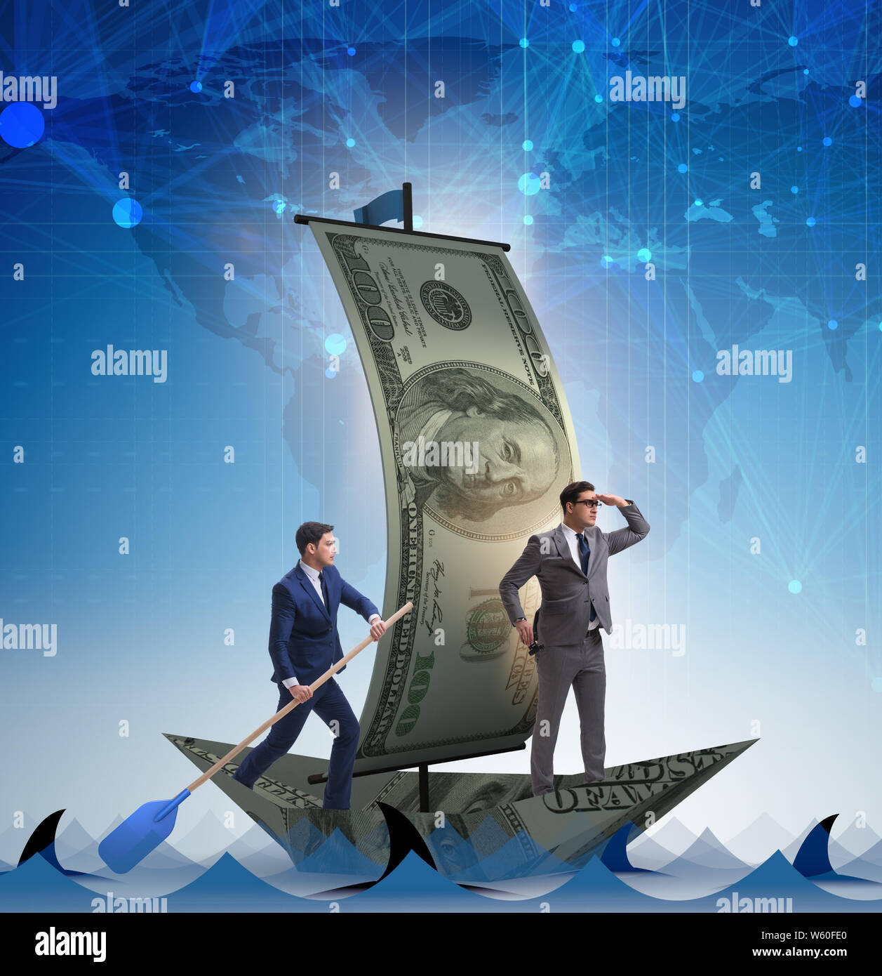 The businessman rowing on dollar boat in business financial concept ...