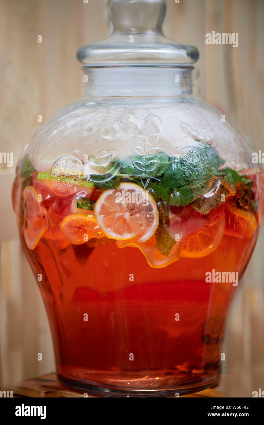 Refreshing lemonade in a steamed-up can. Picnic, catering at the event ...