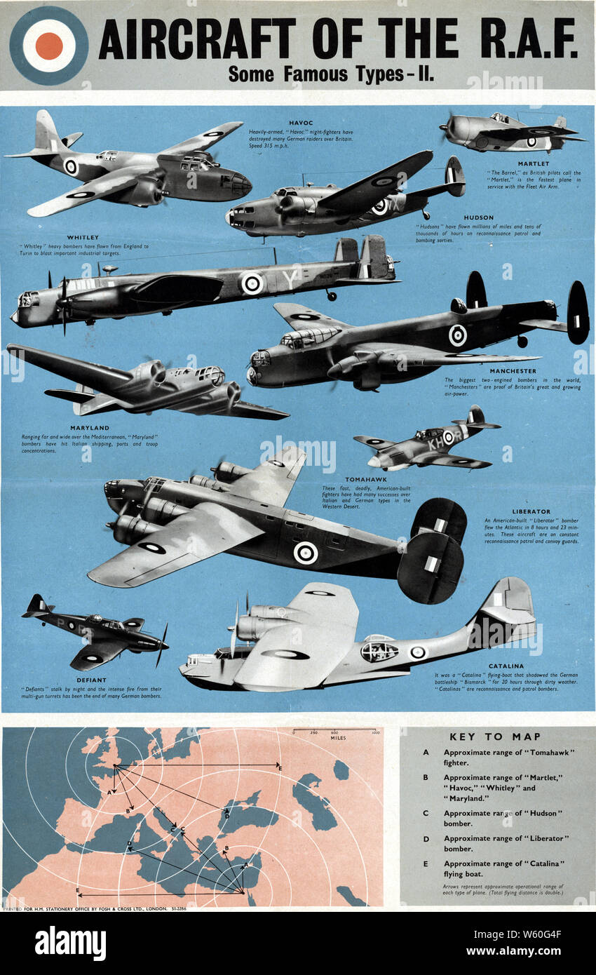 Aircraft of the RAF Some famous types-1 Poster, circa 1941 Stock Photo ...