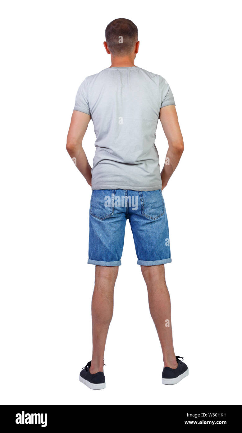 Back view of young manin shorts looking. Rear view people collection ...