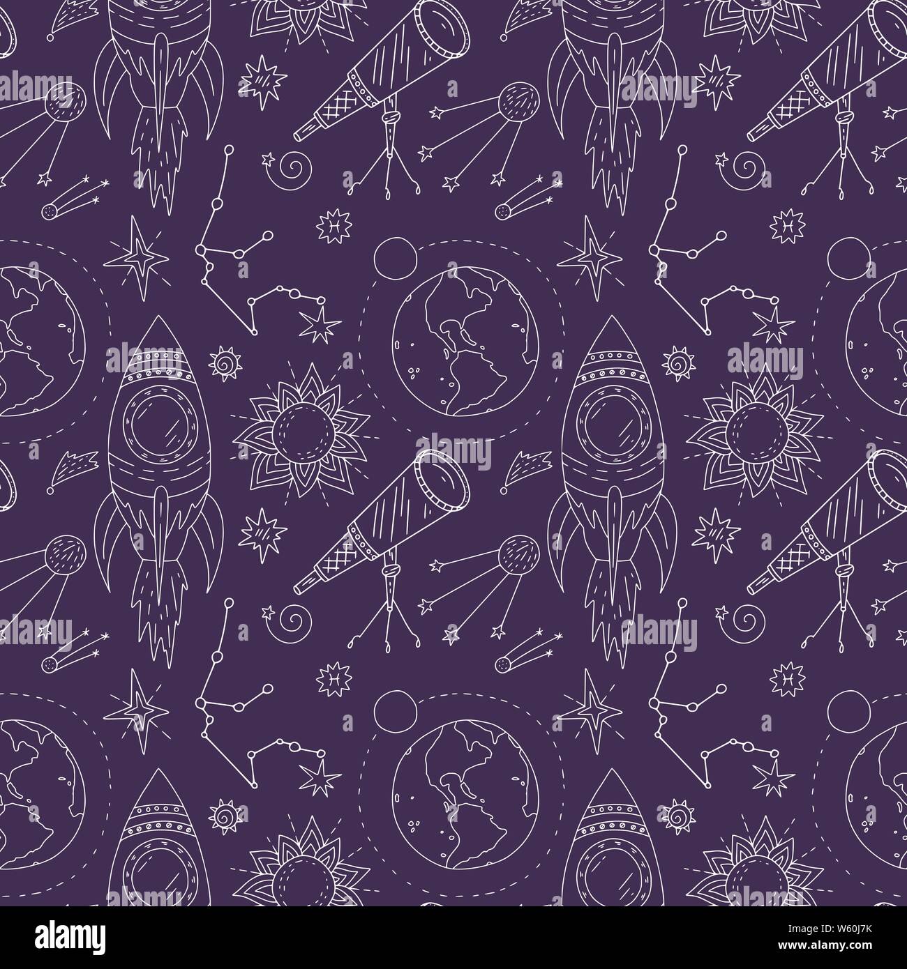 Seamless vector pattern with cosmos doodle illustrations. Galaxy ...