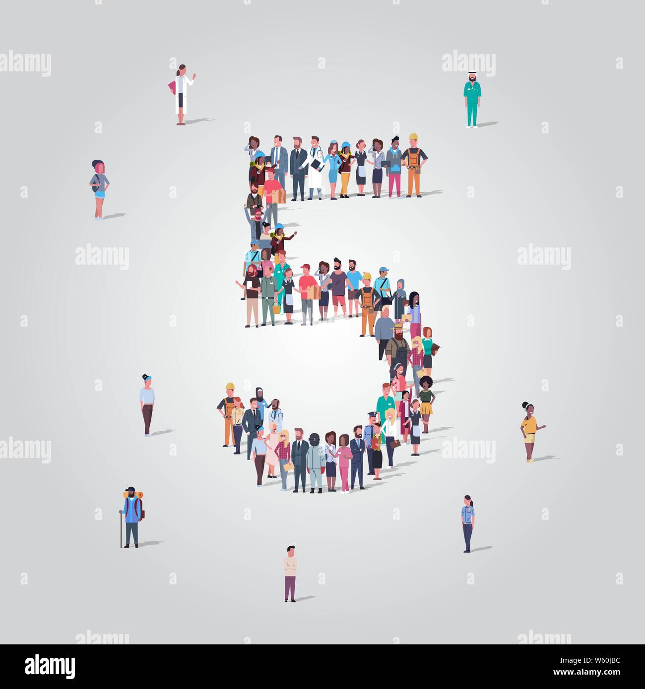 big people crowd forming number five 5 shape different occupation ...