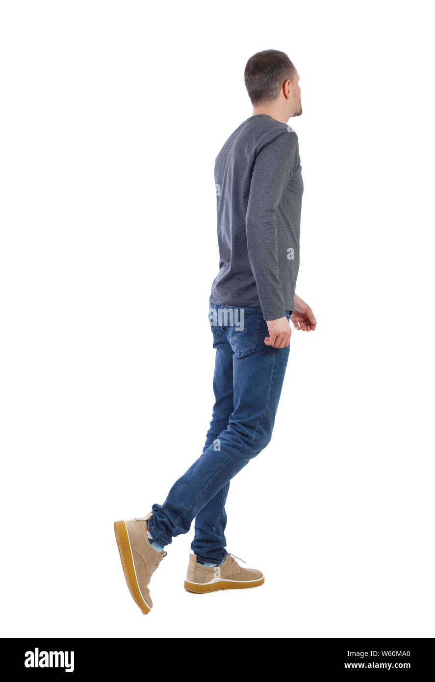Side view of going handsome man. walking young guy . Rear view people ...