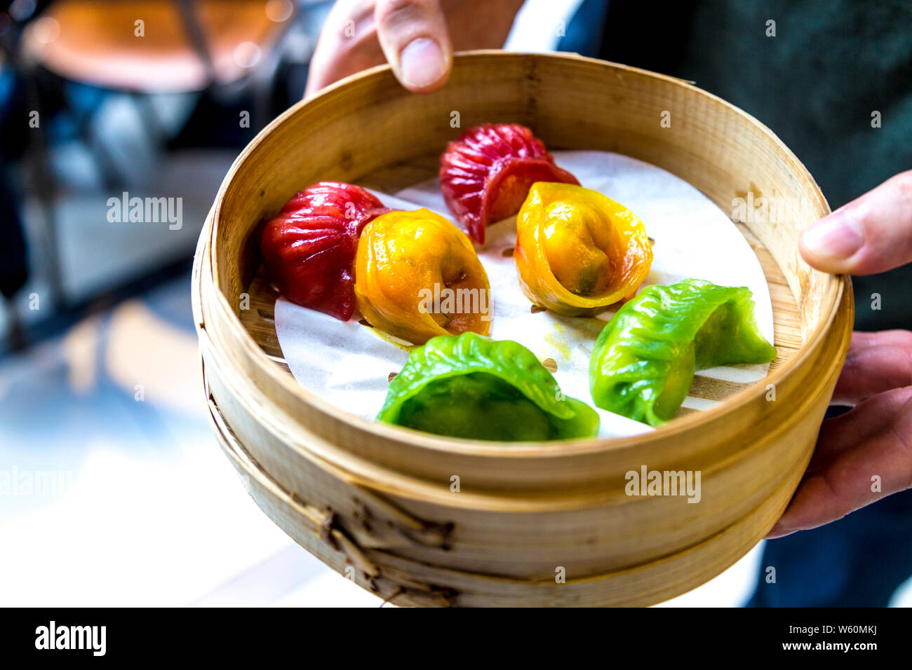 Colourful dumplings, Steamed dim sum platter at Baozi Inn, Market Hall ...