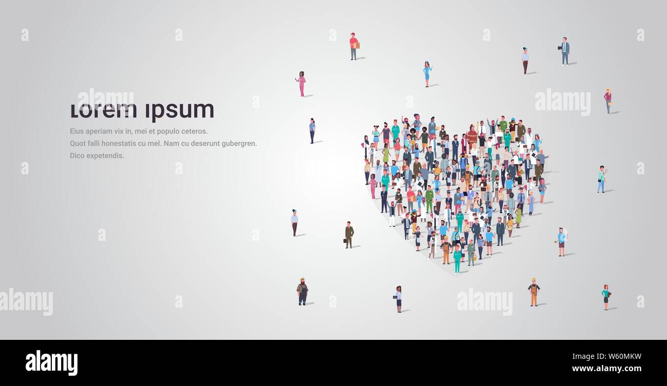 people crowd gathering in heart icon shape social media community add ...