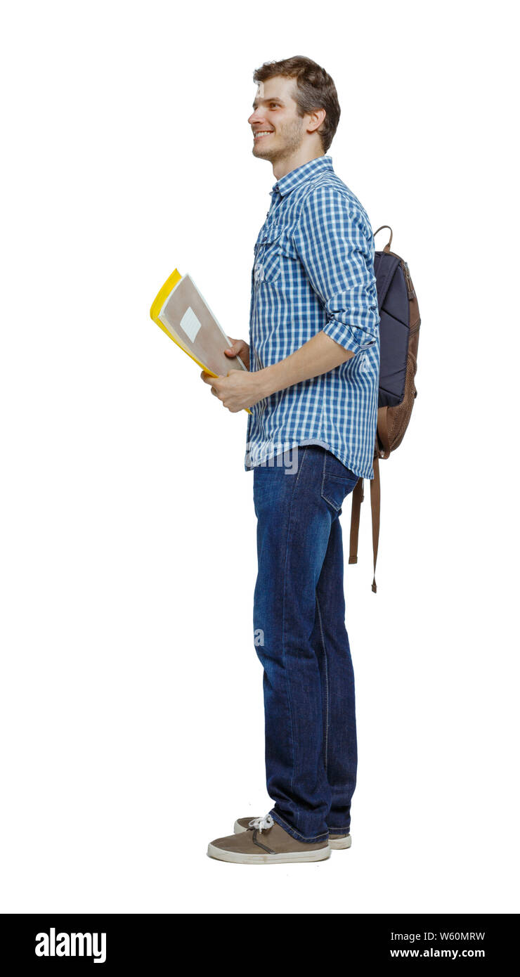 Side view of a student. guy with the backpack and textbooks. Isolated ...