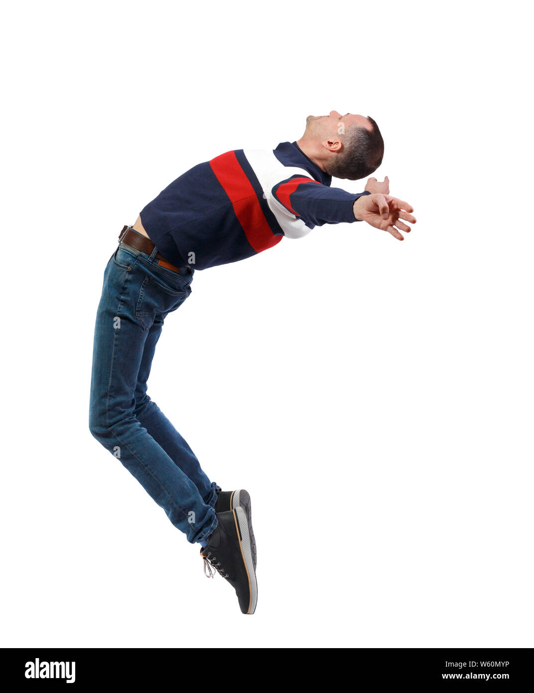 Side view of man in zero gravity or a fall. guy is flying, falling or ...