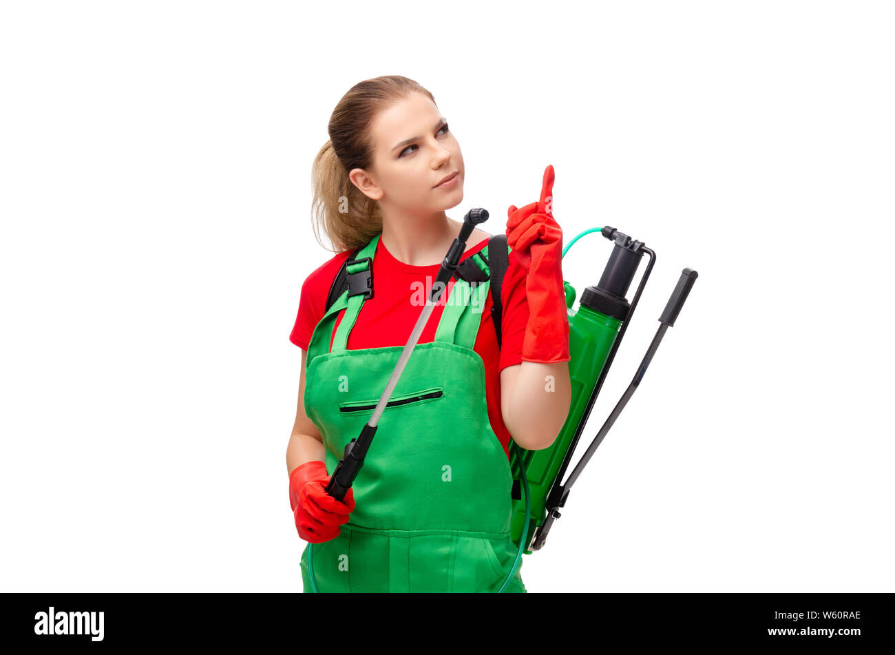 The female pest control contractor isolated on white Stock Photo - Alamy