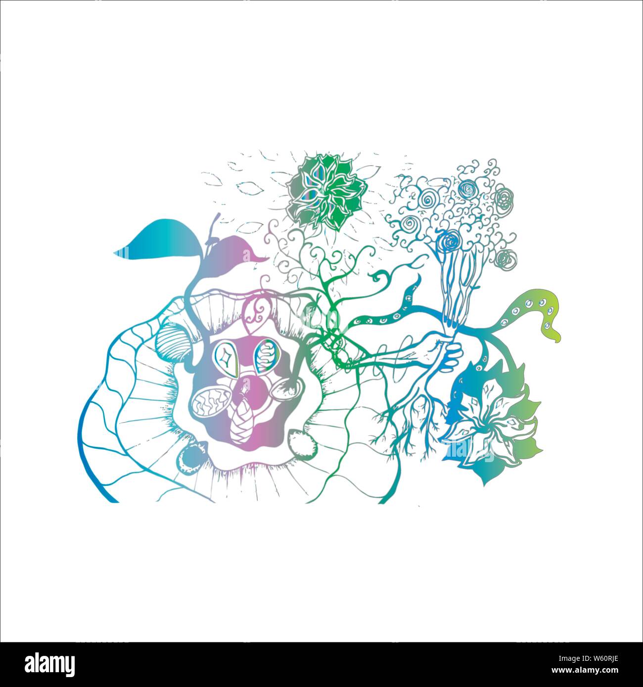 Color illustration of a psychedelic motif. Hand, Flower, bouquet, gift ...