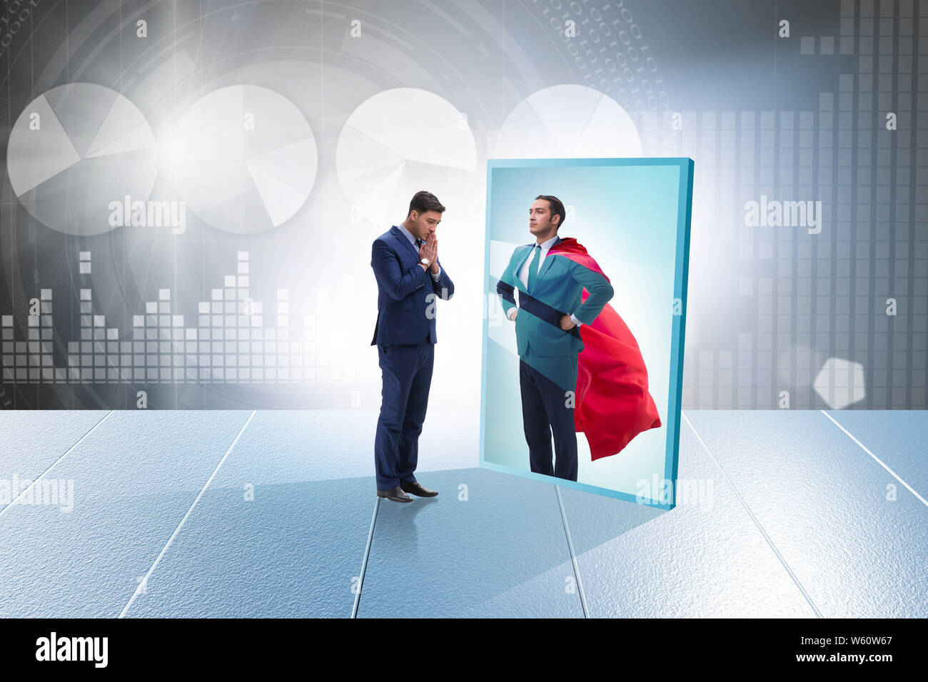 The businessman seeing himself in mirror as superhero Stock Photo - Alamy