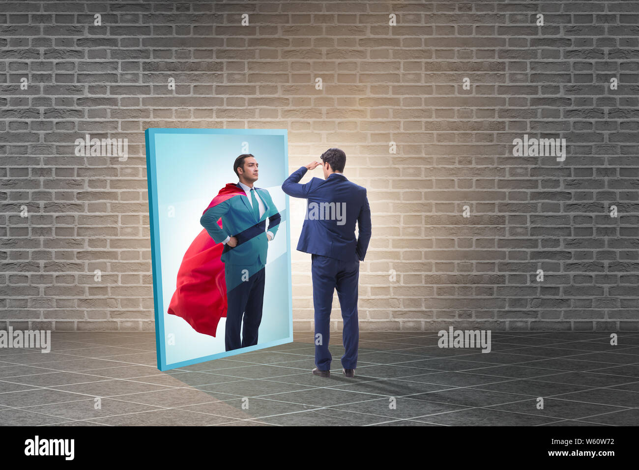 The businessman seeing himself in mirror as superhero Stock Photo - Alamy