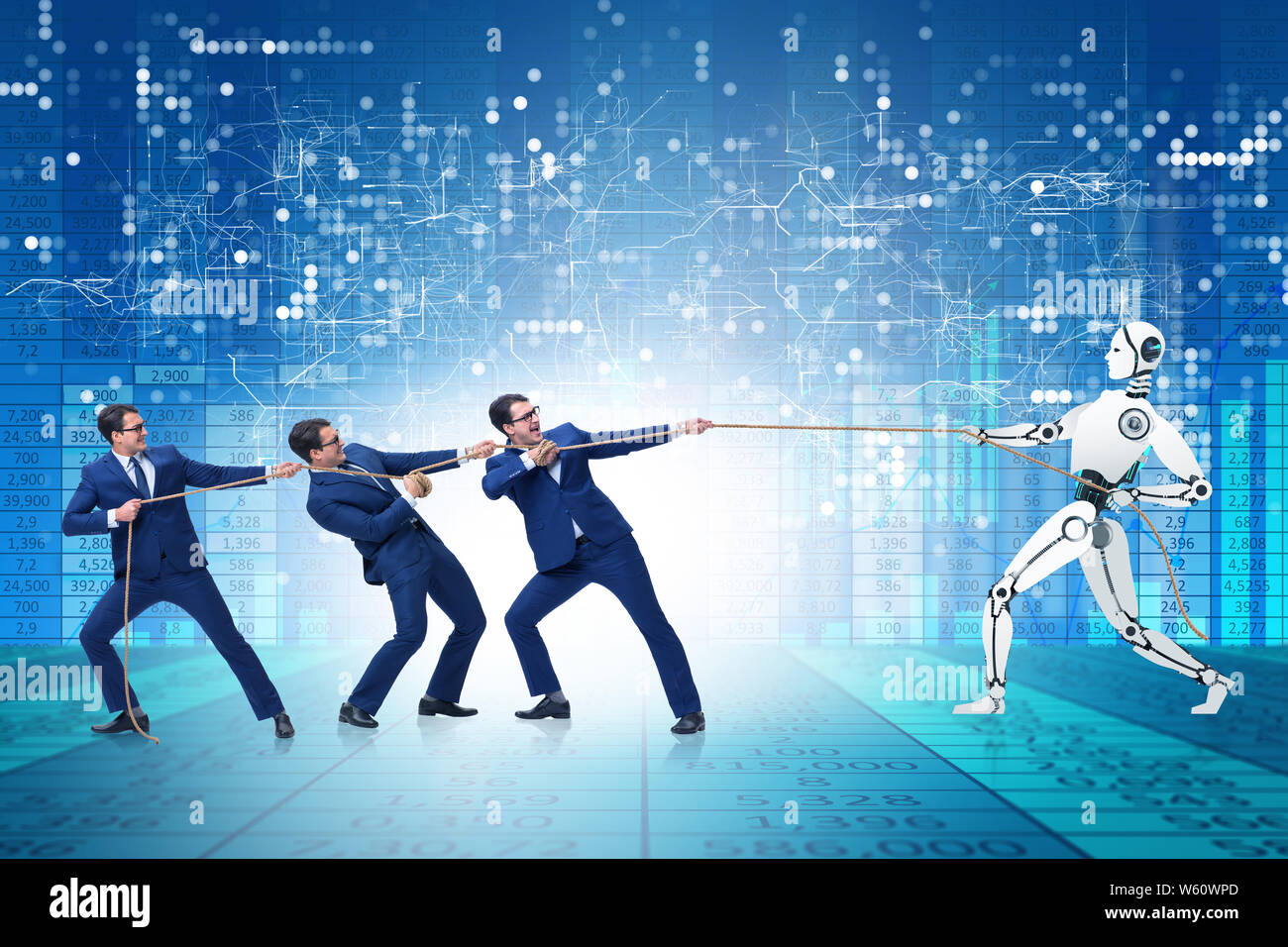 The competition between humans and robots in tug of war concept Stock ...