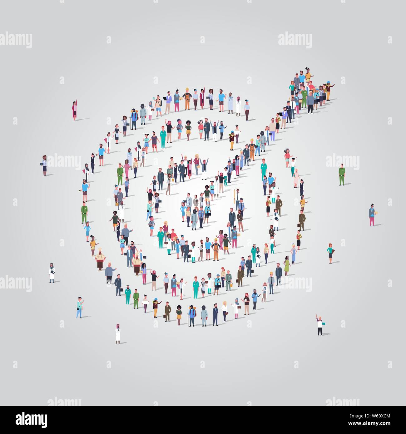 people crowd gathering in shape of target with arrow icon social media ...