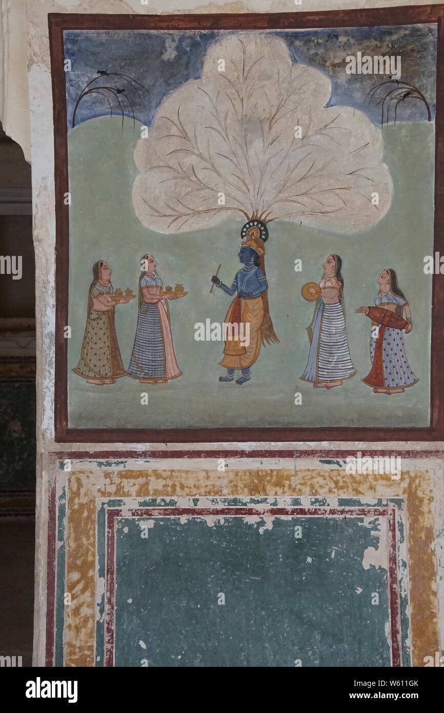 JAIPUR, INDIA - OCT 11, 2017 - Painting fresco of Krishna in the women ...