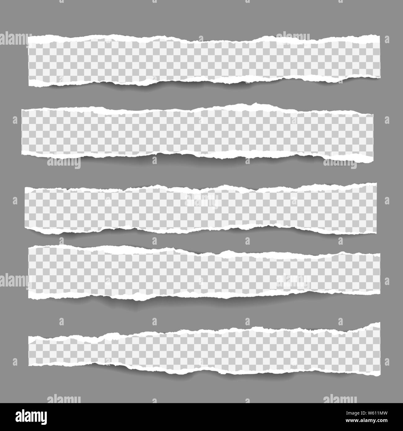 Set of torn, ripped, squared paper strips with soft shadow are on dark ...