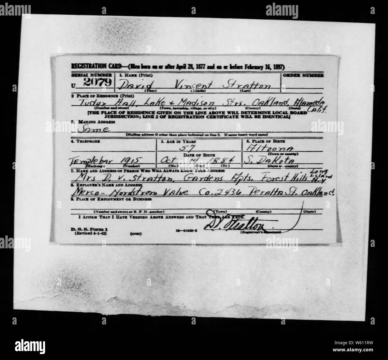 David Vincent Stratton (1884-1968) in the WWII draft registration of ...