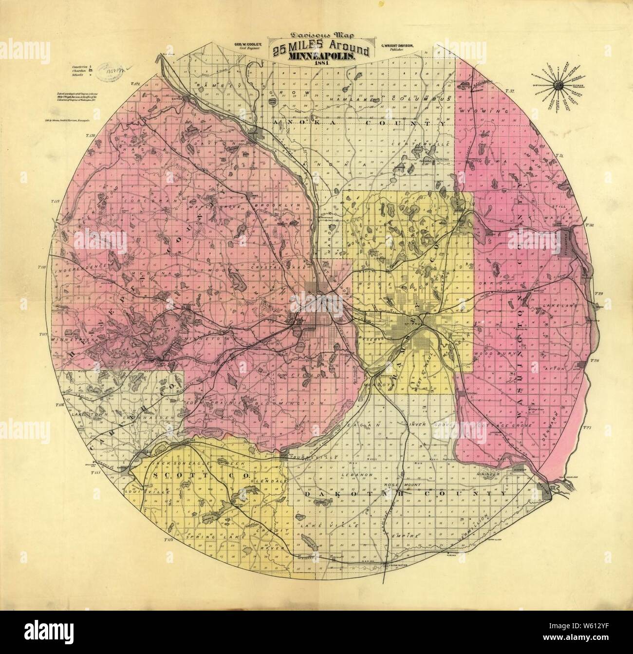 Davisons map 25 miles around Minneapolis 1881 Stock Photo - Alamy