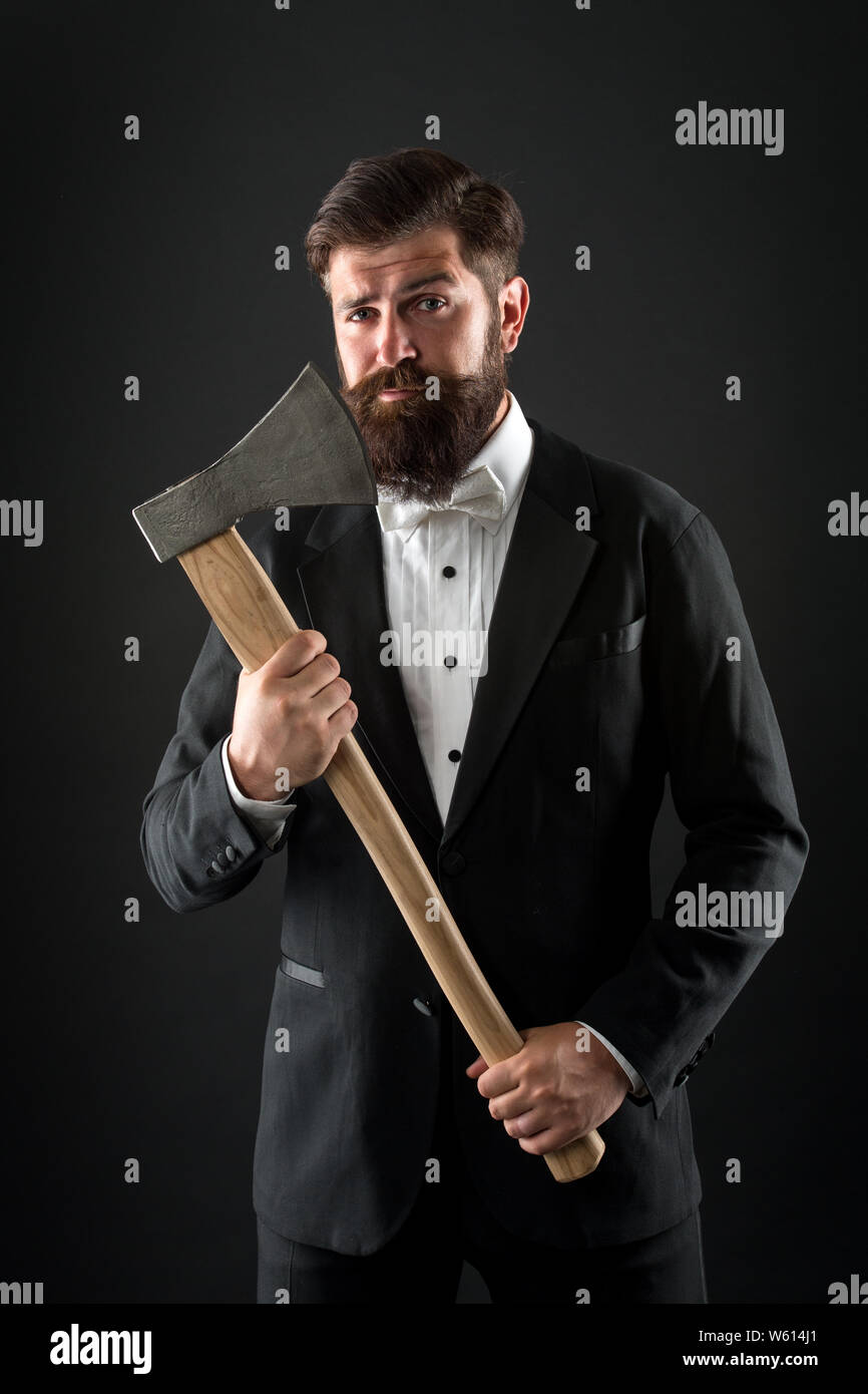 Own opinion. Decision was made. Man brutal hipster with axe. Sharp ax ...