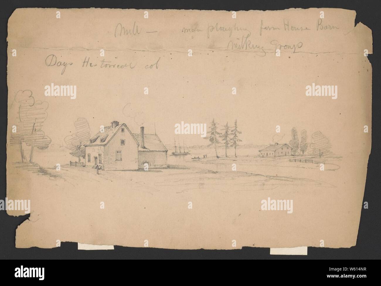 Days historical col. Mill - men ploughing farm house barn - milking ...