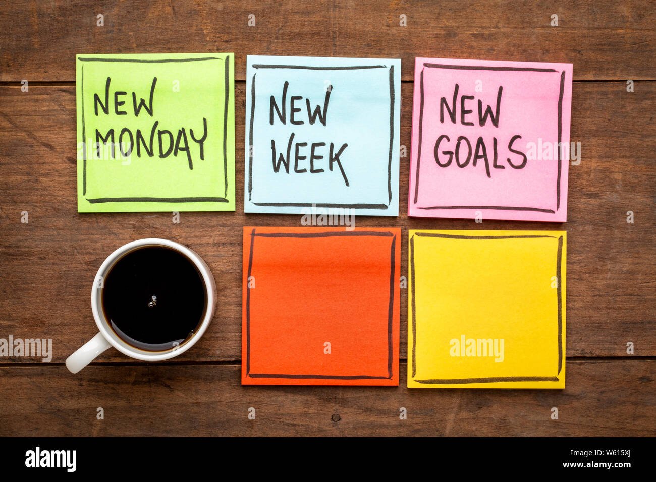 new Monday, new week, new goals - handwriting on colorful sticky notes ...