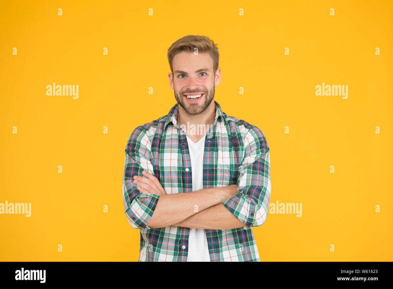 Positive emotions. Happy man on yellow background. Bearded man smiling ...