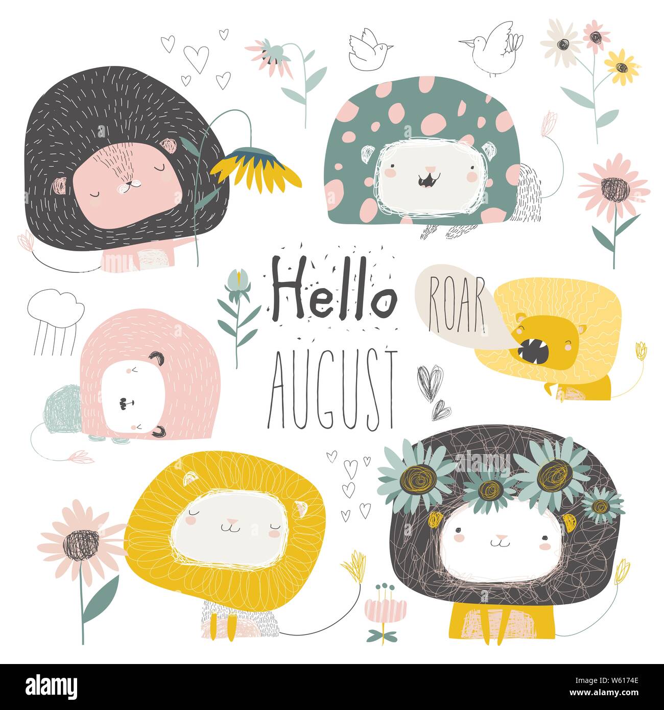 Set of cute lions and flowers. Hello august Stock Vector Image & Art ...