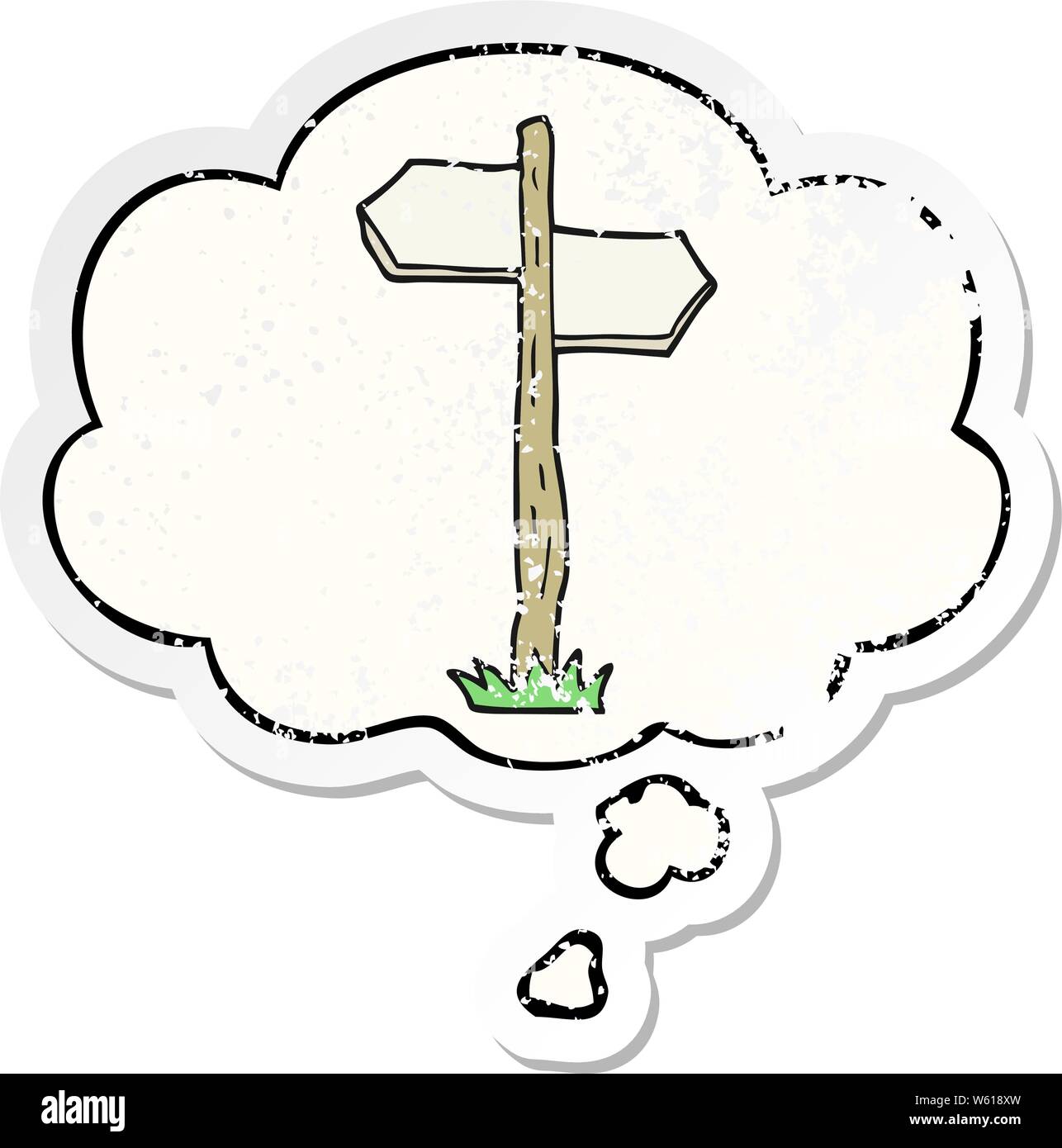 cartoon old direction sign with thought bubble as a distressed worn ...