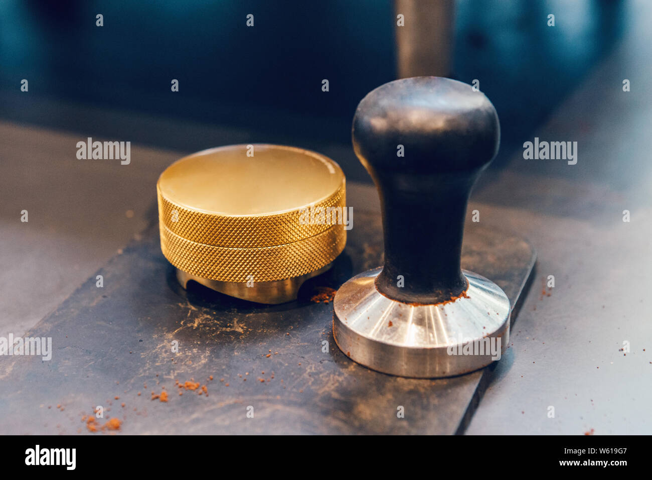 Coffee making tools appliances objects. Golden yellow distributor and ...