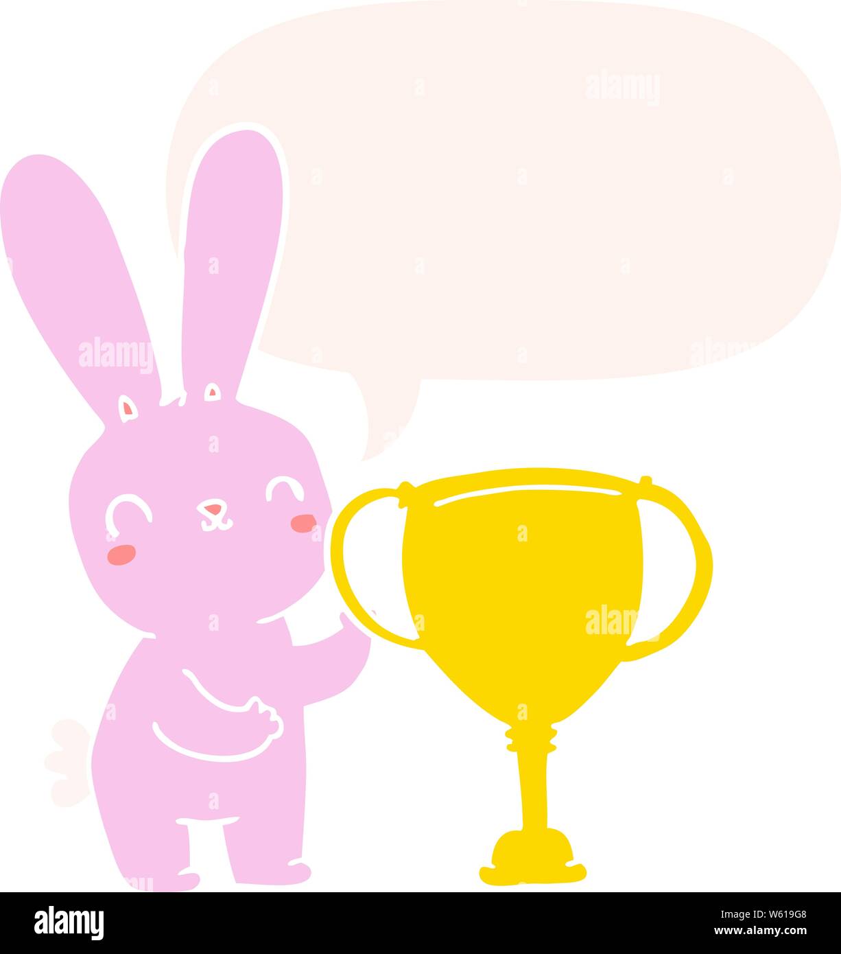 cute cartoon rabbit with sports trophy cup with speech bubble in retro ...