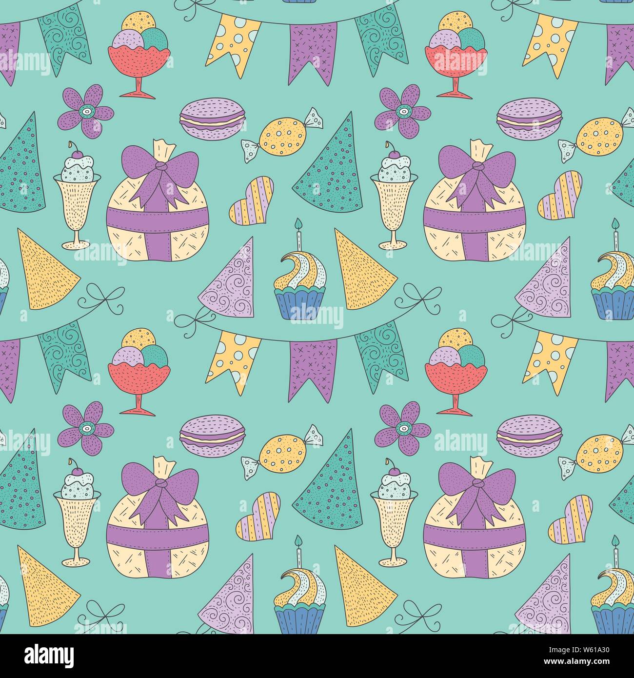 Birthday vector seamless pattern. Cute greeting color illustration with ...