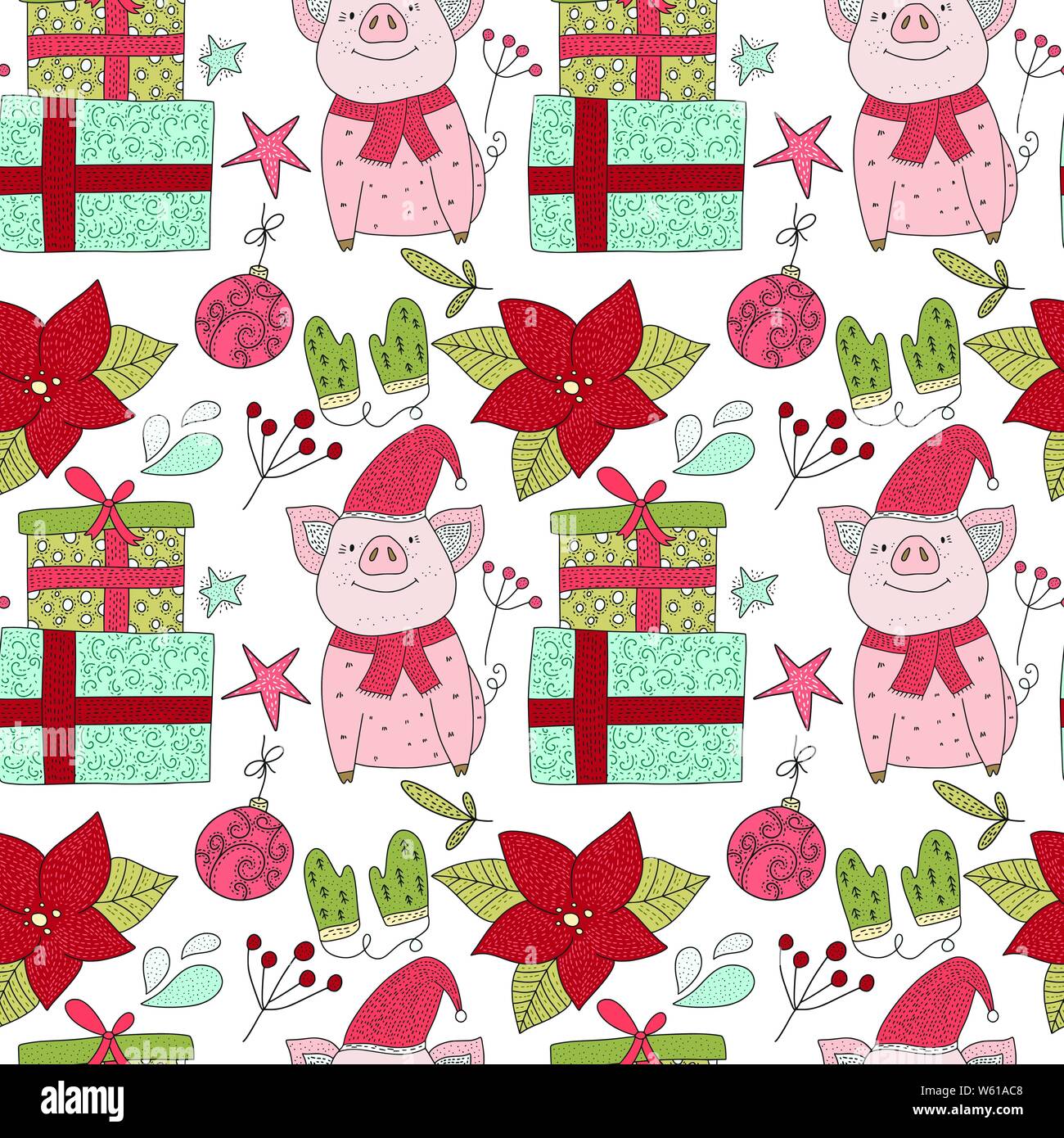 Doodle Christmas pig. Christmas vector seamless pattern with detailed ...