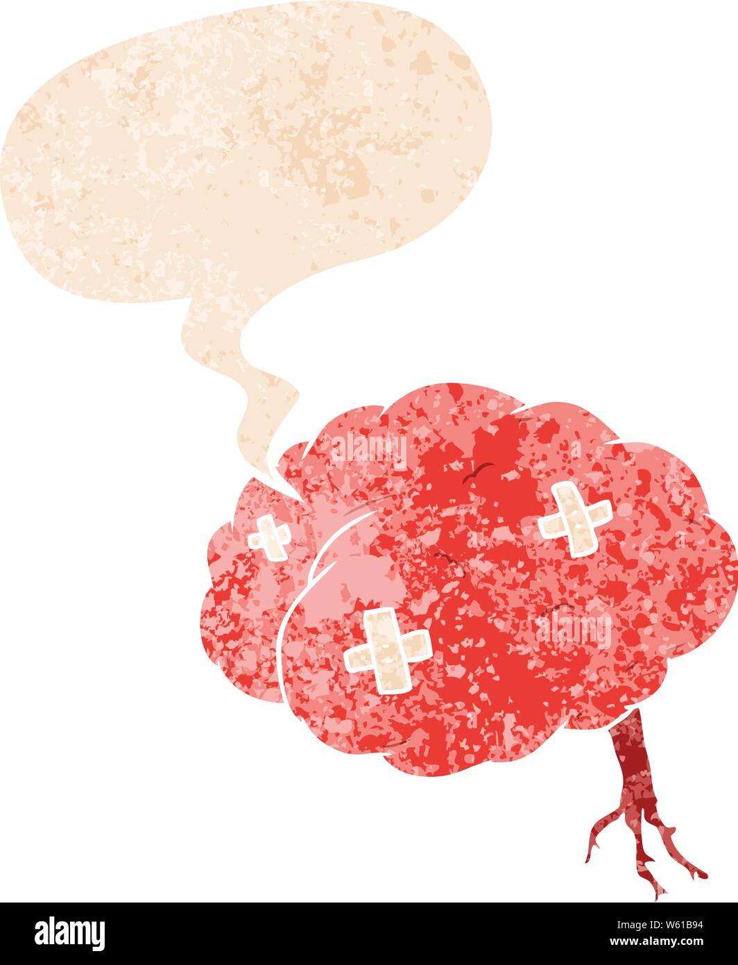 cartoon injured brain with speech bubble in grunge distressed retro ...