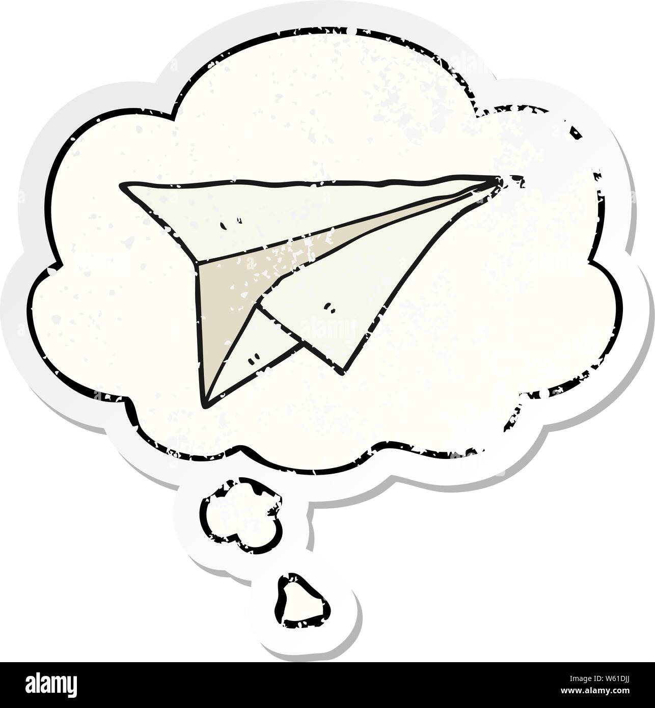 cartoon paper airplane with thought bubble as a distressed worn sticker ...