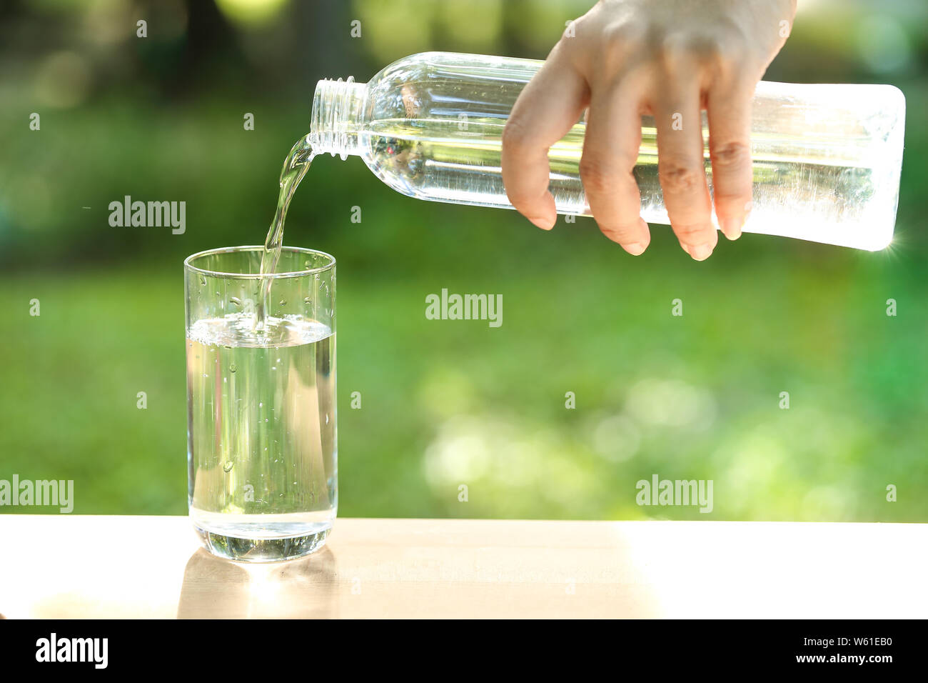 drink water pouring into empty glass with natural green background ...
