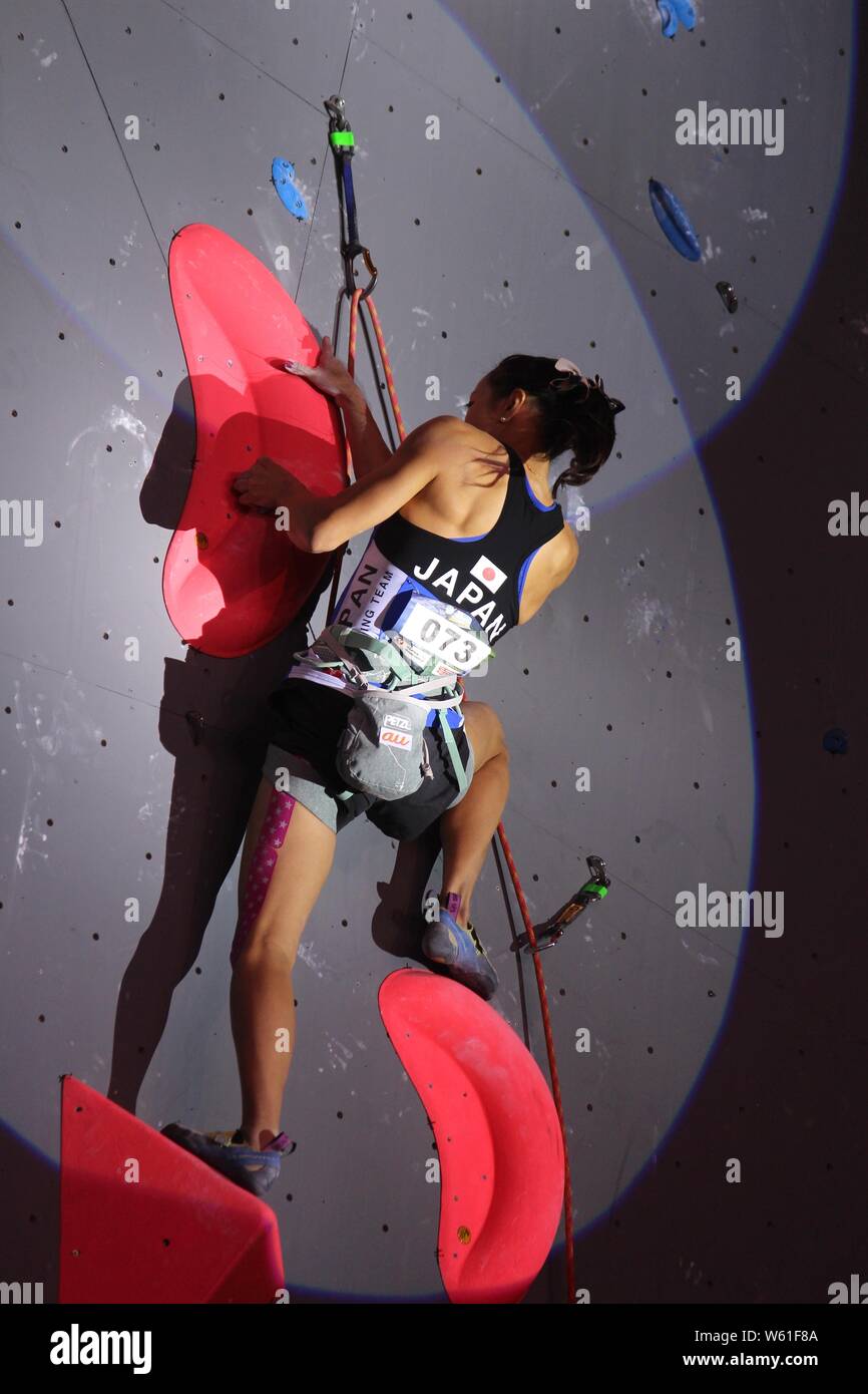 Akiyo Noguchi of Japan competes in the women's bouldering climbing ...