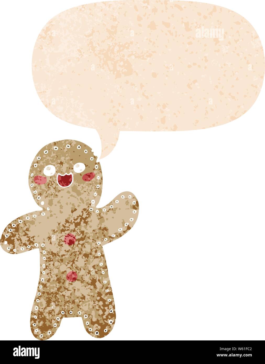 cartoon gingerbread man with speech bubble in grunge distressed retro ...