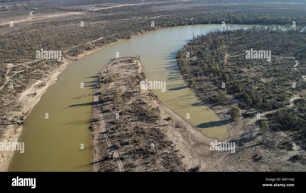 Low altitude aerial of rising water filling Catfish Billabong in the ...