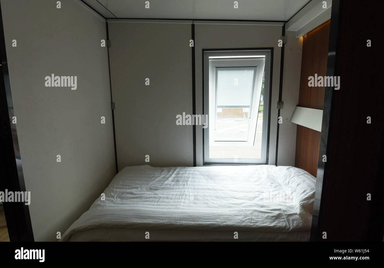 Interior view of a domestically-made foldable touring house on a street ...