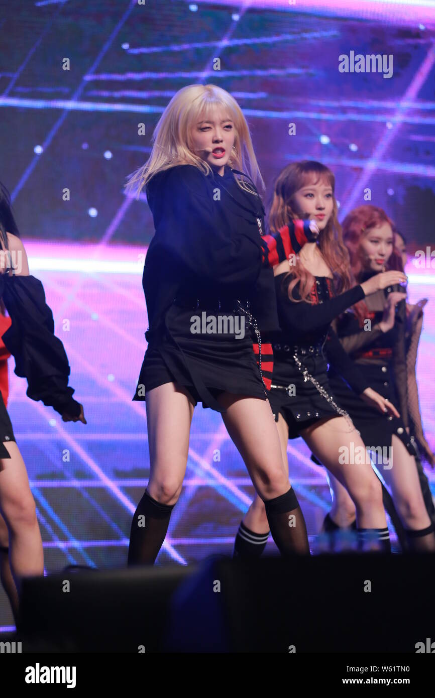 Members of South Korean girl group Weki Meki perform during a showcase ...