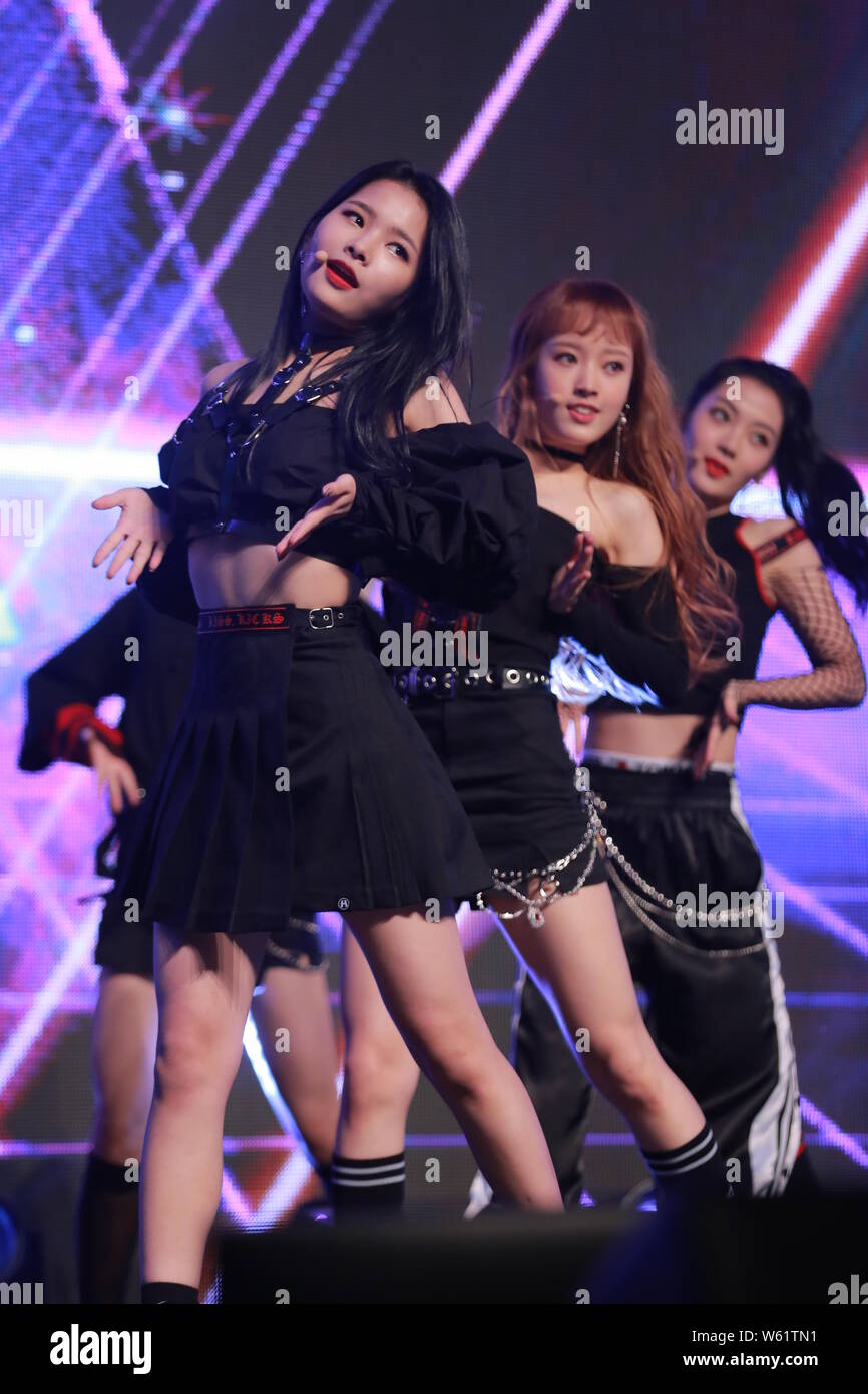 Members of South Korean girl group Weki Meki perform during a showcase ...