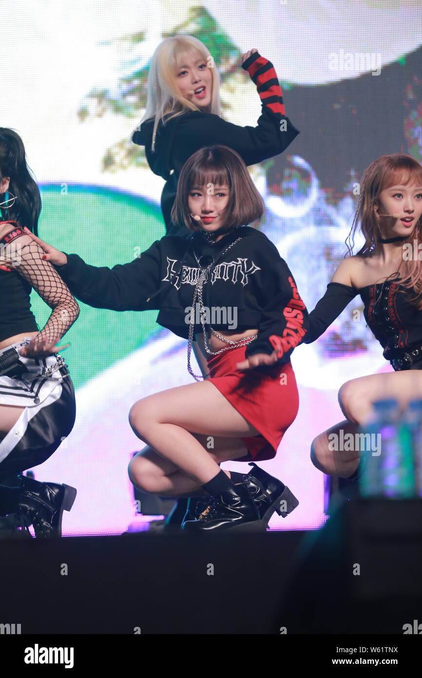 Members of South Korean girl group Weki Meki perform during a showcase ...