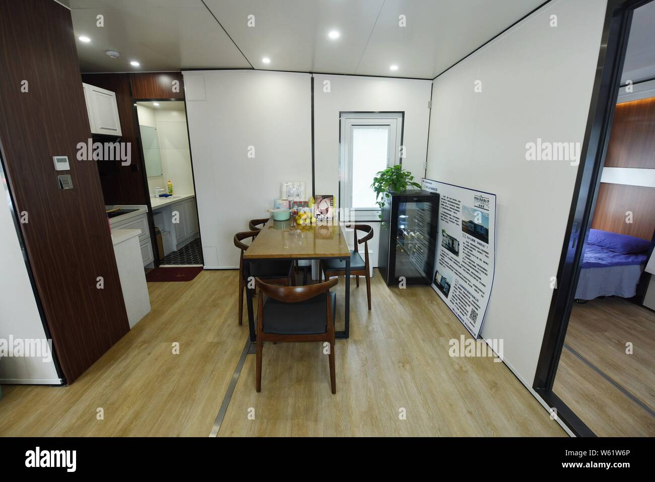 Interior view of a domestically-made foldable touring house on a street ...