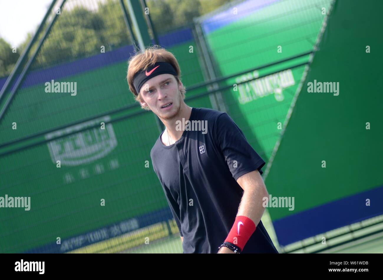 Russian tennis player Andrey Rublev takes part in a training session in ...