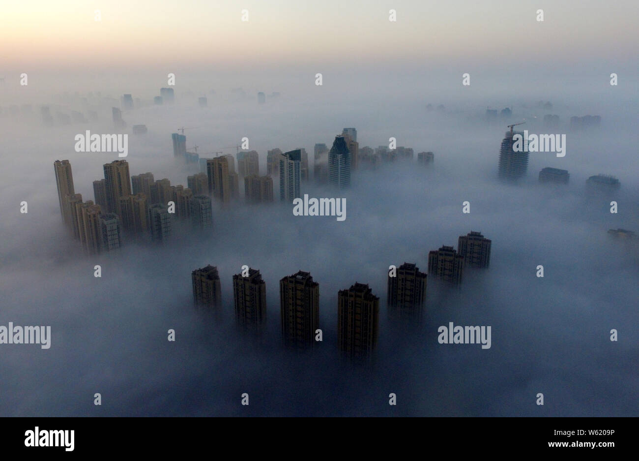 Cityscape of high-rise buildings and skyscrapers shrouded in sea of ...